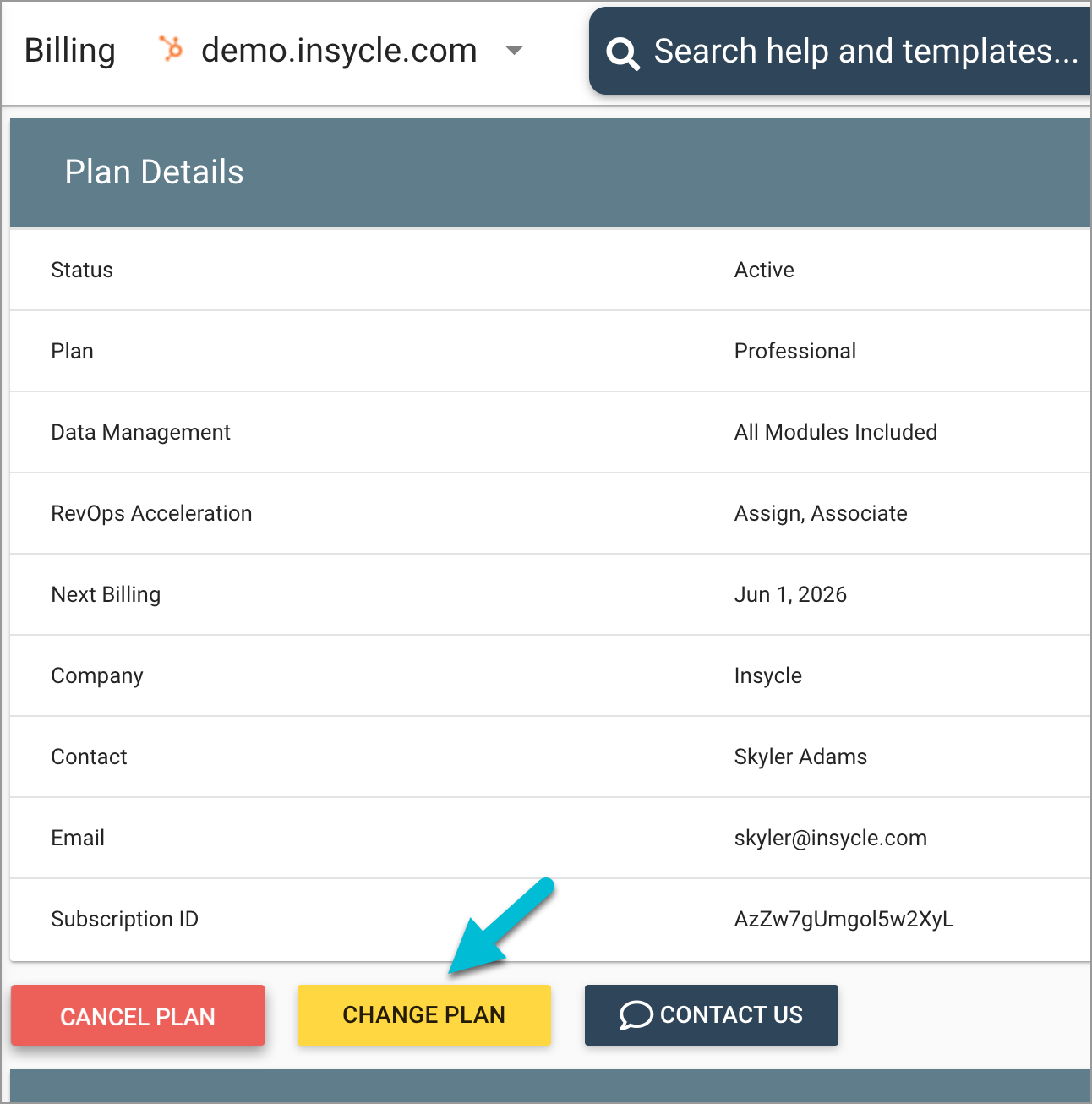 Cancel Plan, Review Invoices, Billing Information – Insycle